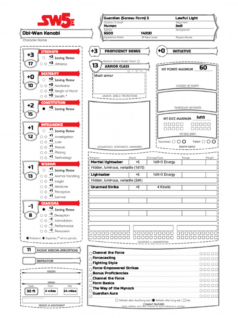 Obi Wan Character Sheet | PDF