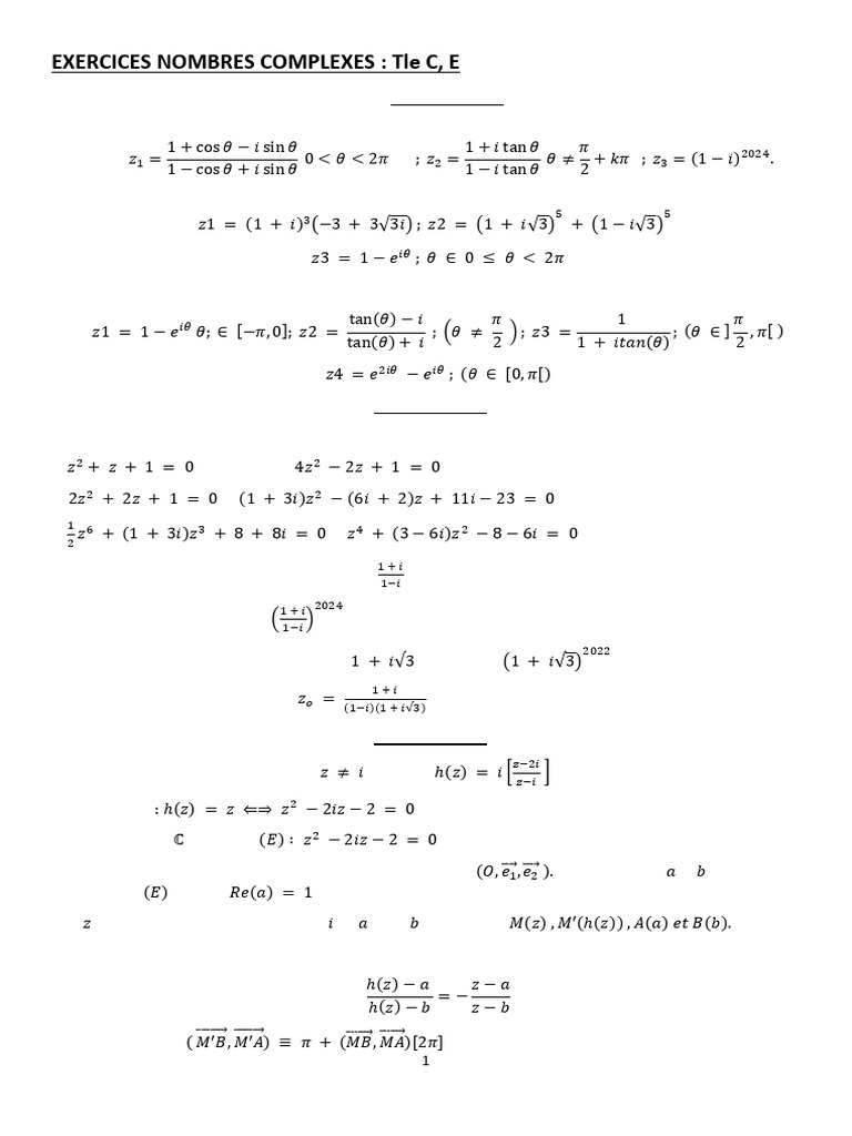 EXERCICES NOMBRE COMPLEXE Tle C, E | PDF