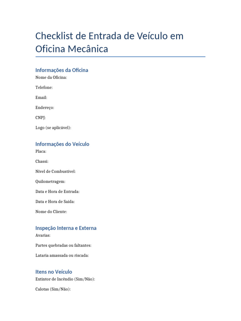 Checklist Entrada Oficina Mecanica | PDF