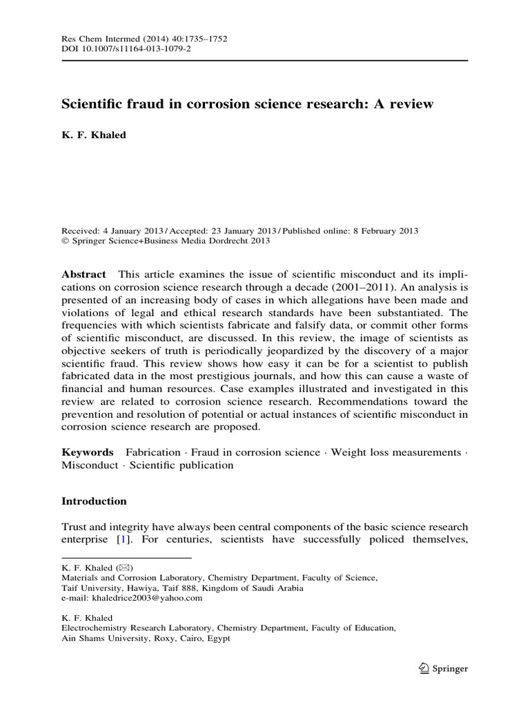 Scientific Fraud in Corrosion Science Research - A Review | PDF