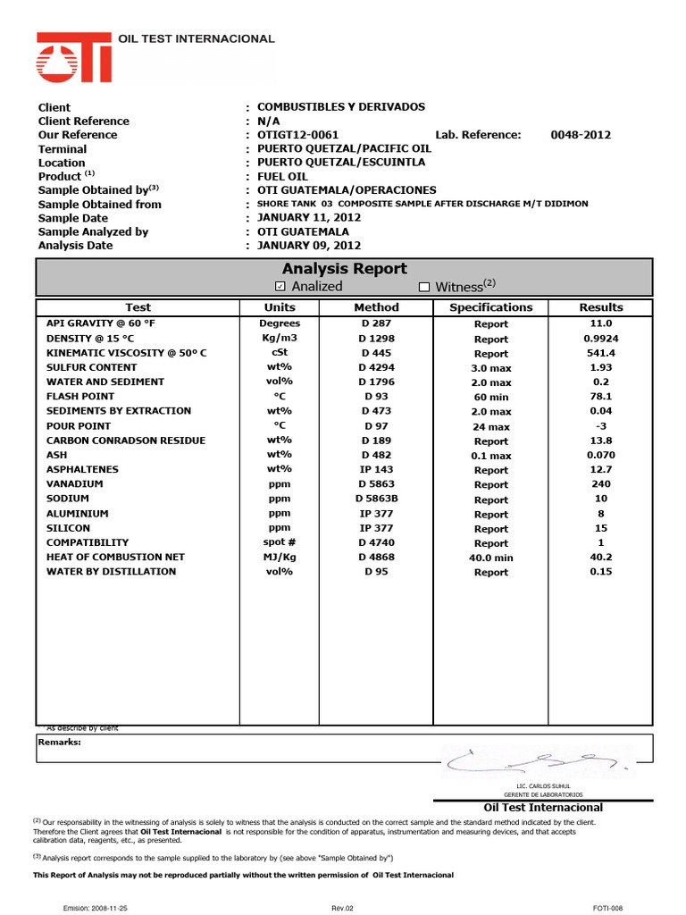 Certificado de Calidad de Bunker - 0048-2012 OTI | PDF