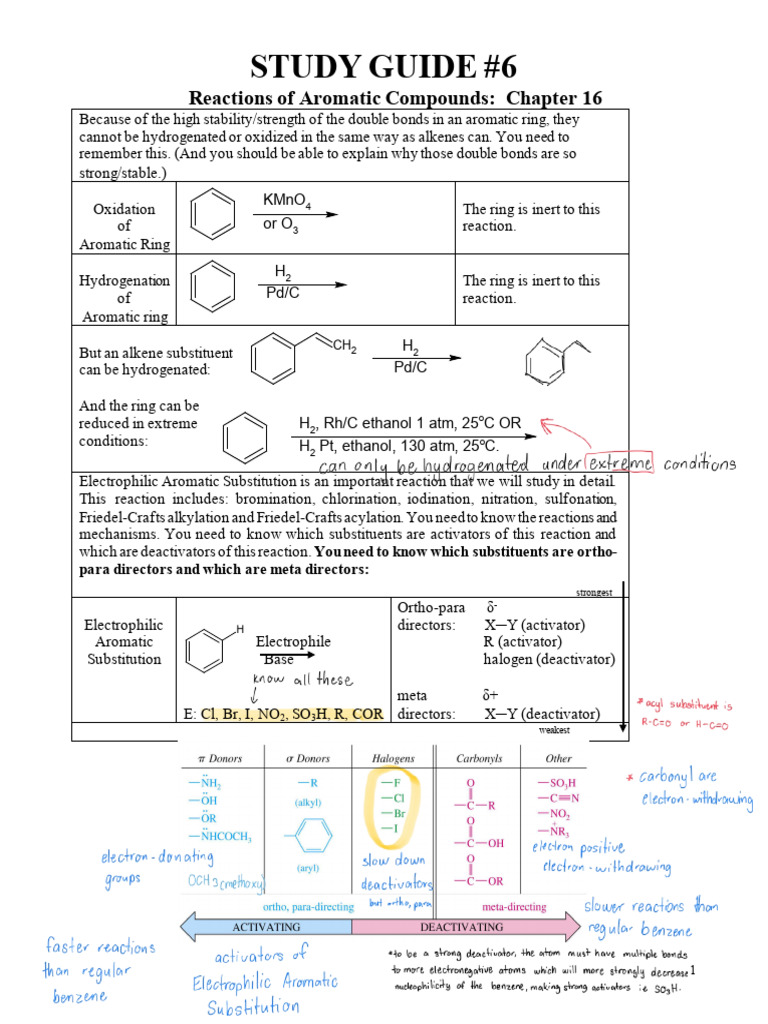 Study Guide #6-Fall 2020 Reactions of Aromatic Compounds | PDF