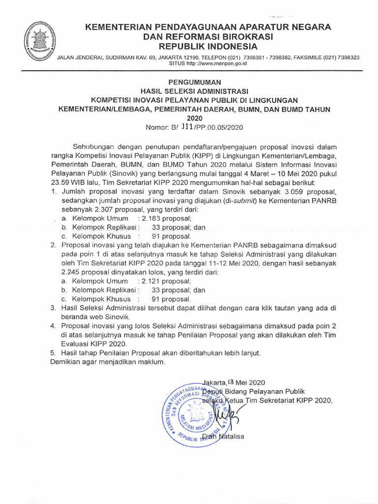 Pengumuman Seleksi Administrasi KIPP | PDF