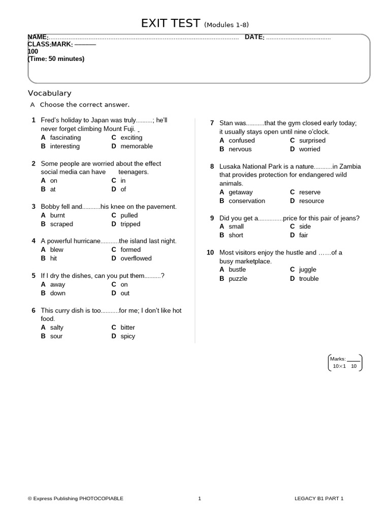 23 Legacy b1 p1 Exit Test | PDF