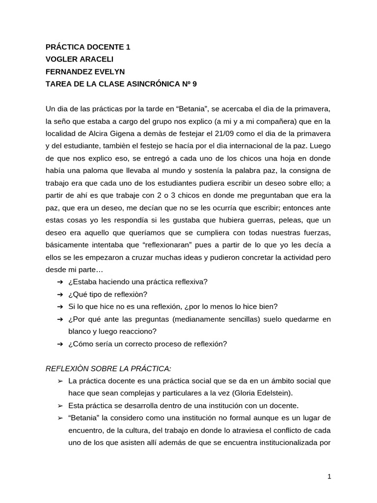 Práctica Docente 1 Vogler Araceli Fernandez Evelyn Tarea de La Clase Asincrónica #9 | PDF