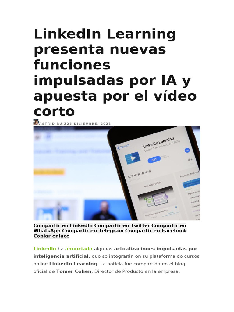 LinkedIn Learning Presenta Nuevas Funciones Impulsadas Por IA y Apuesta Por El Vídeo Corto | PDF