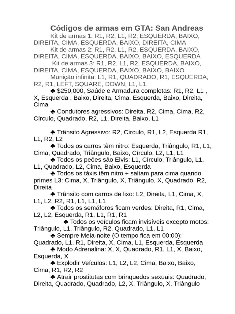 Códigos de Armas em GTA | PDF