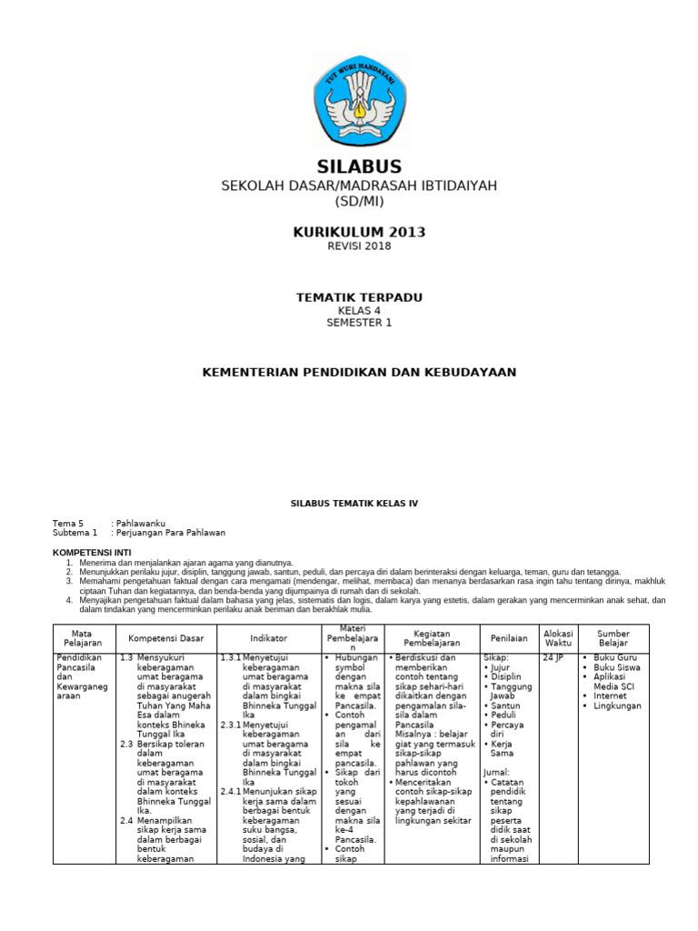 SILABUS KELAS 4A - Tema 5 FIX | PDF