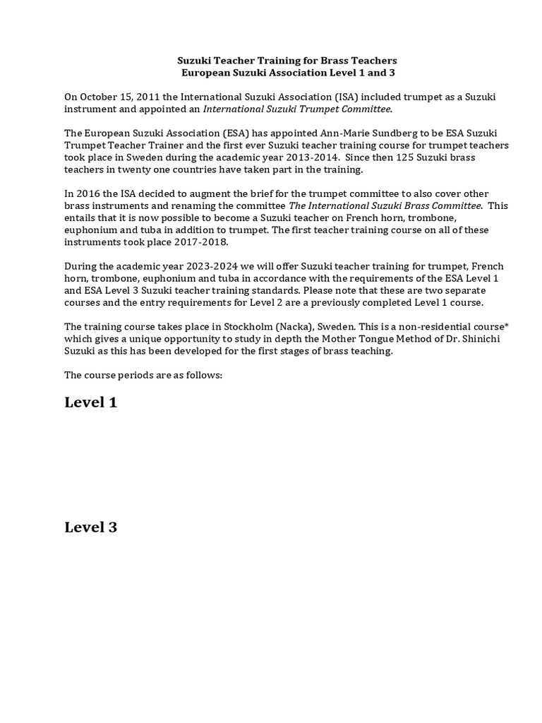 Suzuki_Brass_Teachers_Course_Levels_1_and_3_Sweden_2023-2024_Info | PDF