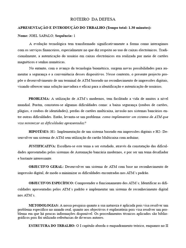 Roteiro Da Defesa-Grupo 2 | PDF | Biometria | Arduino