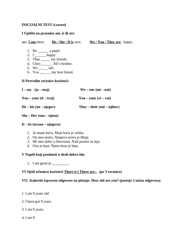 inicijalni test 4.razred | PDF