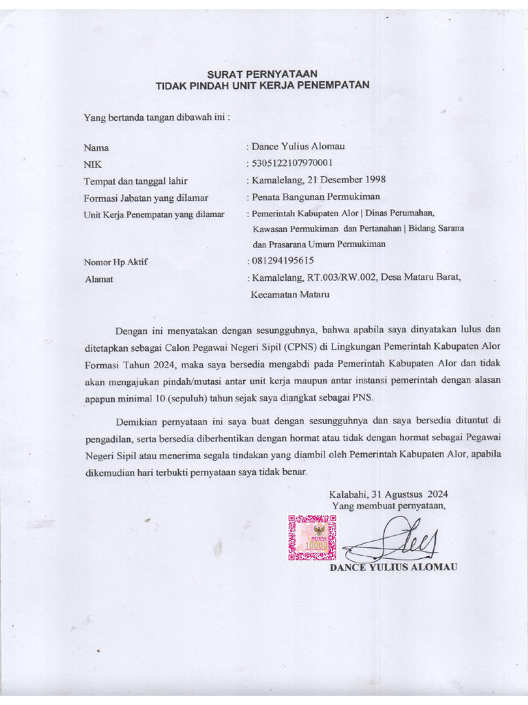 Surat Pernyataan Pake | PDF