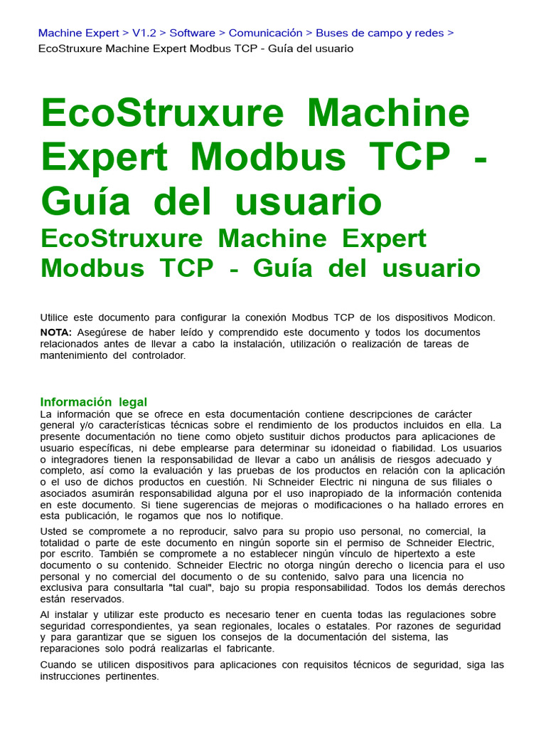 EcoStruxure Machine Expert Modbus TCP - Guía Del Usuario | PDF