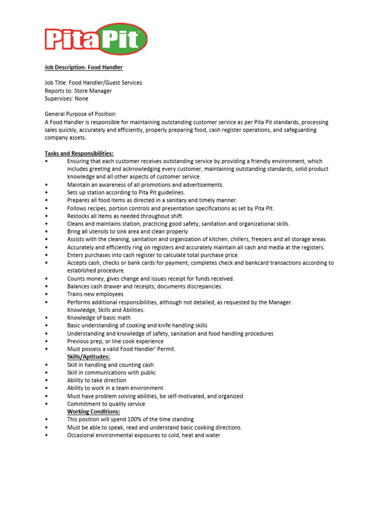 Food Handler Job Description | PDF