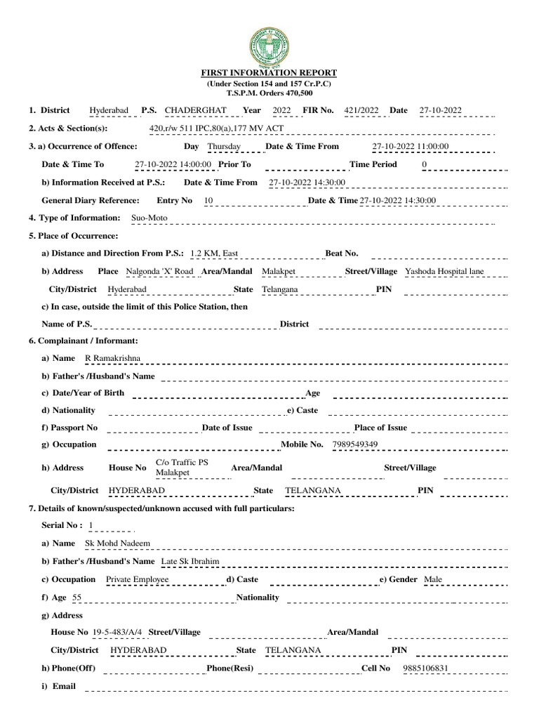 (Under Section 154 and 157 CR.P.C) T.S.P.M. Orders 470,500 | PDF