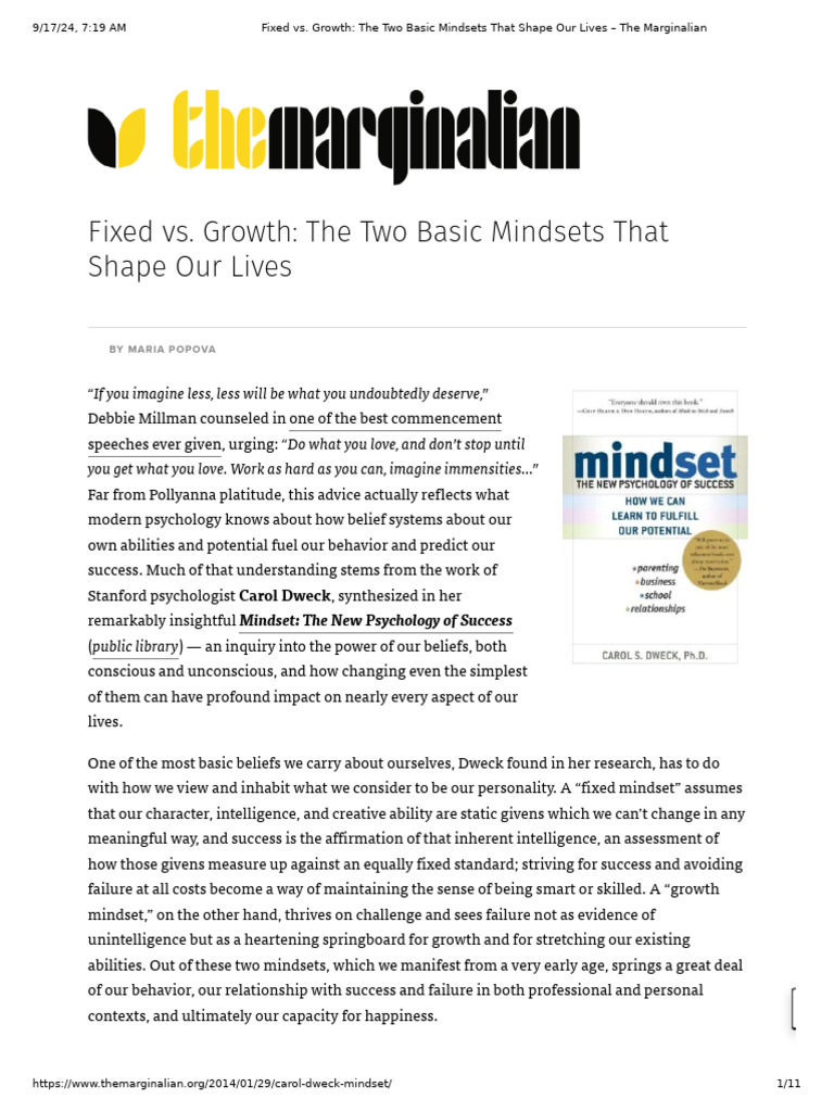 Fixed vs. Growth - The Two Basic Mindsets That Shape Our Lives - The Marginalian | PDF
