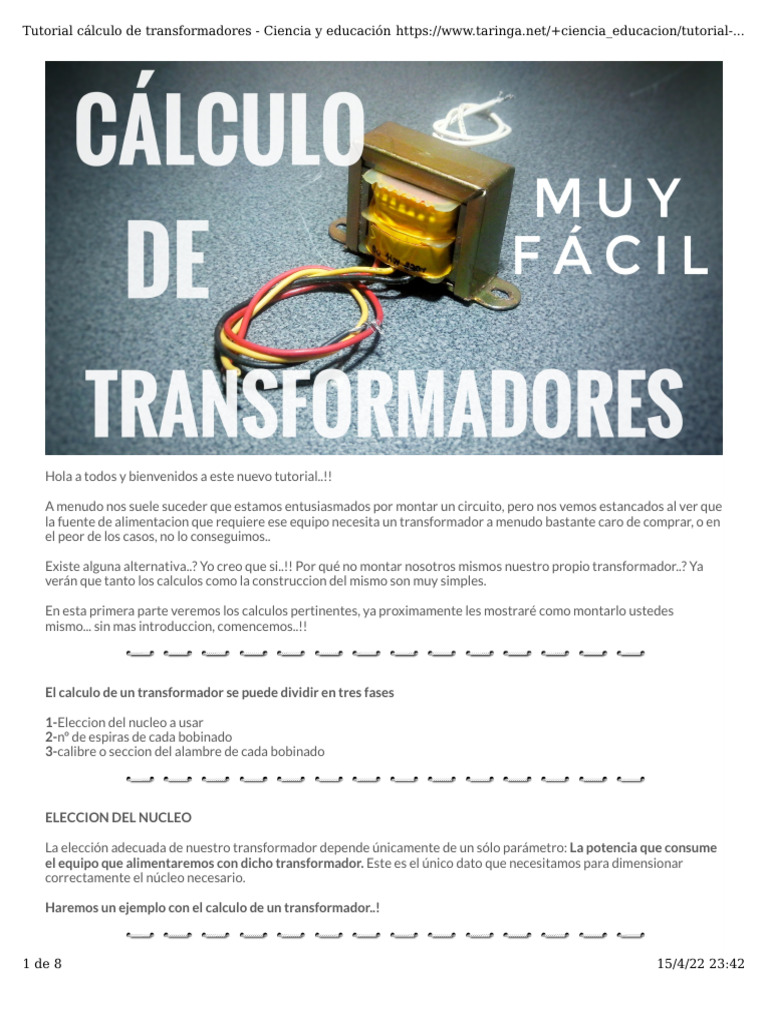 Tutorial Cálculo de Transformadores - Ciencia y Educación | PDF