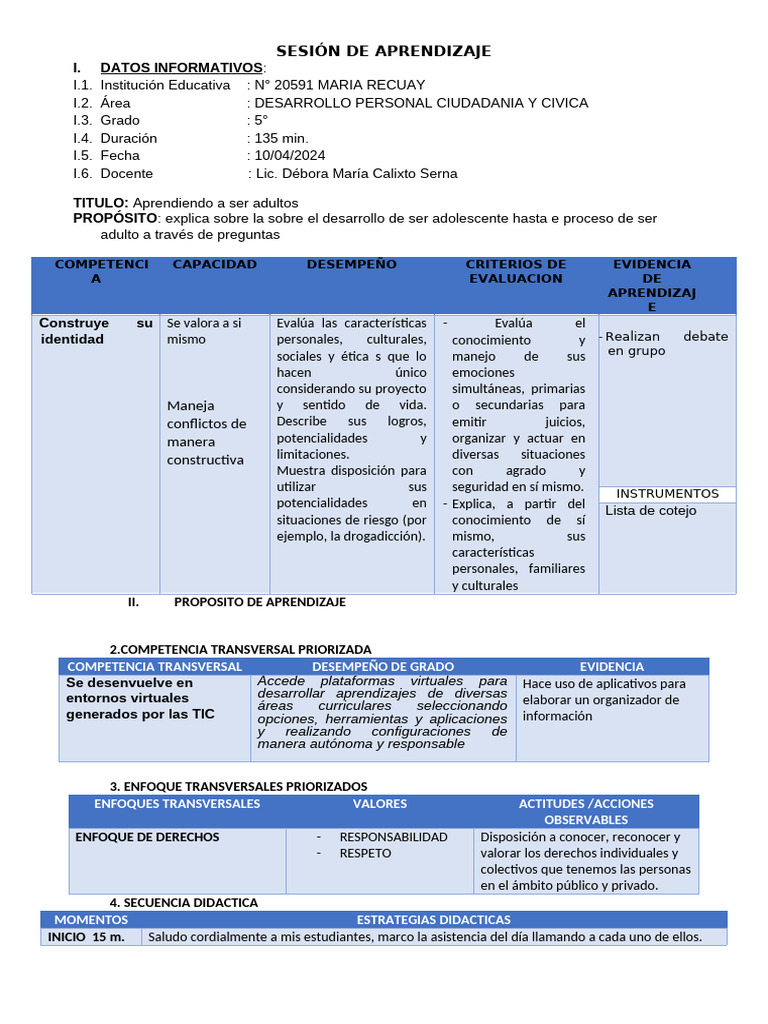 Sesión de Aprendizaje DPCC 5 13-04 | PDF
