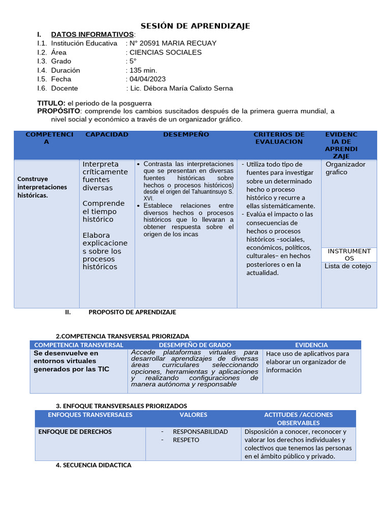 SESIÓN DE APRENDIZAJE Ccss 5 04-04 | PDF