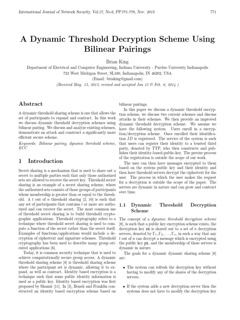 A Dynamic Threshold Decryption Scheme Using Bilinear Pairings | PDF
