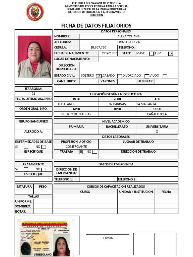 Hoja de Datos Filiatorios C1 Alexa Frias | PDF