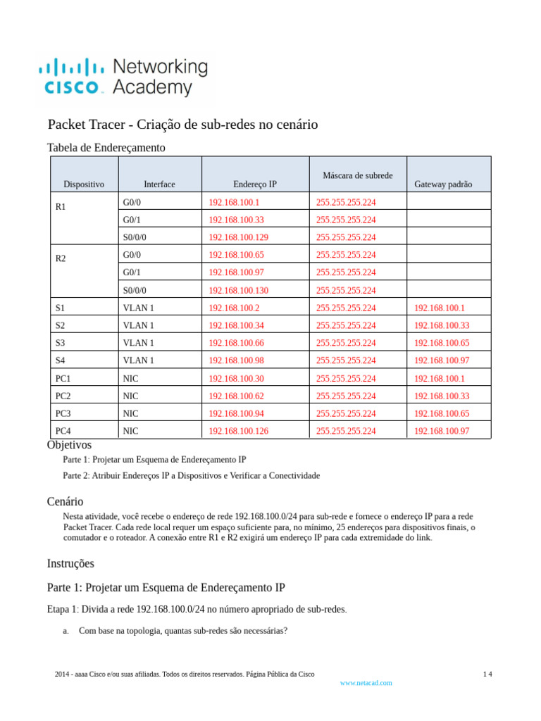 11 7 5 Packet Tracer Subnetting Scenario Pt Br Pdf