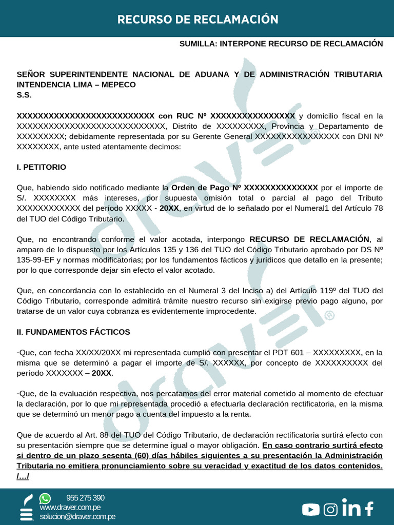 Modelo-Rec-Reclama-Sunat Monto Menor de Essalu | PDF