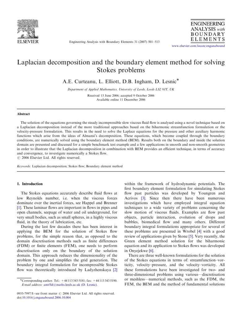 Laplacian Decomposition and The Boundary Element Method For Solving Stokes Problems | PDF