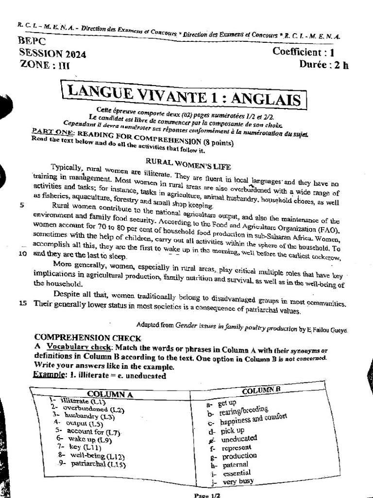 SUJET BEPC 2024 ANGLAIS LV1 Zone-3 | PDF