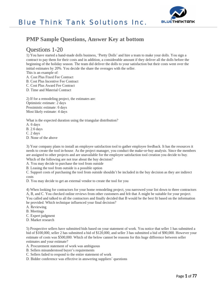 Sample B - 200 PMP Questions w Ans Key | PDF