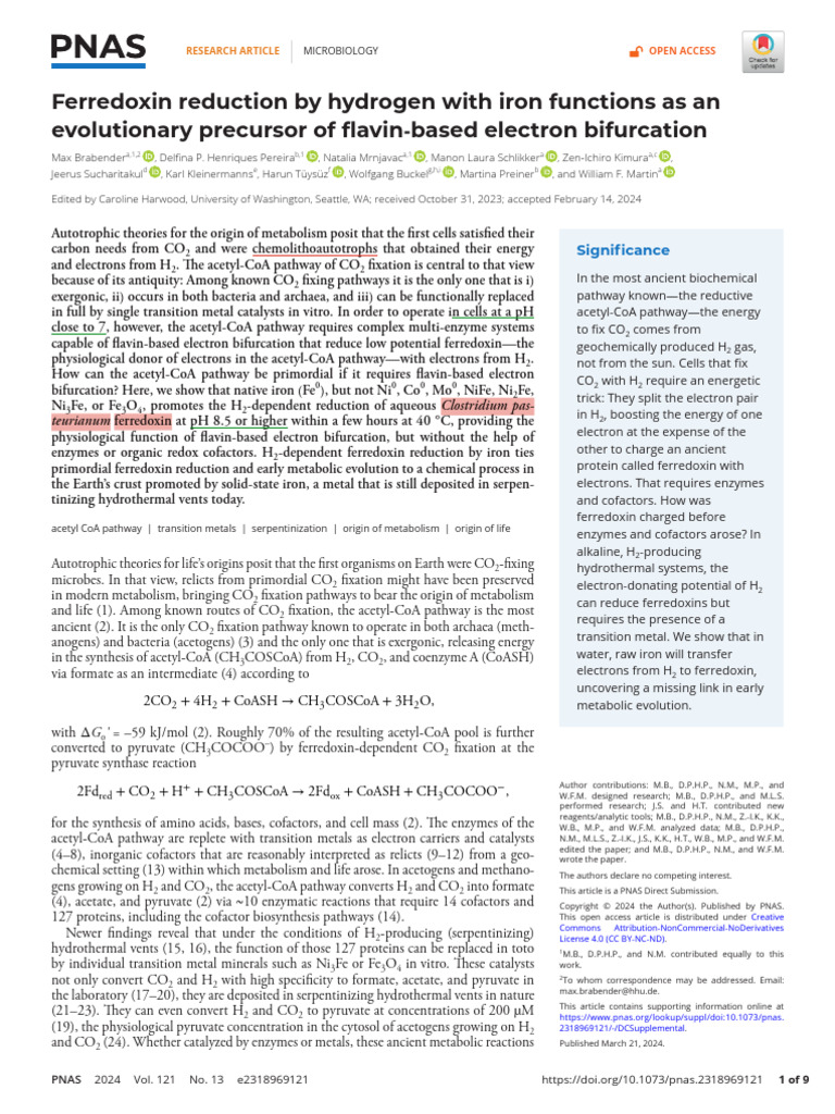 Ferredoxin Reduction by Hydrogen With Iron Functions As An Evolutionary ...