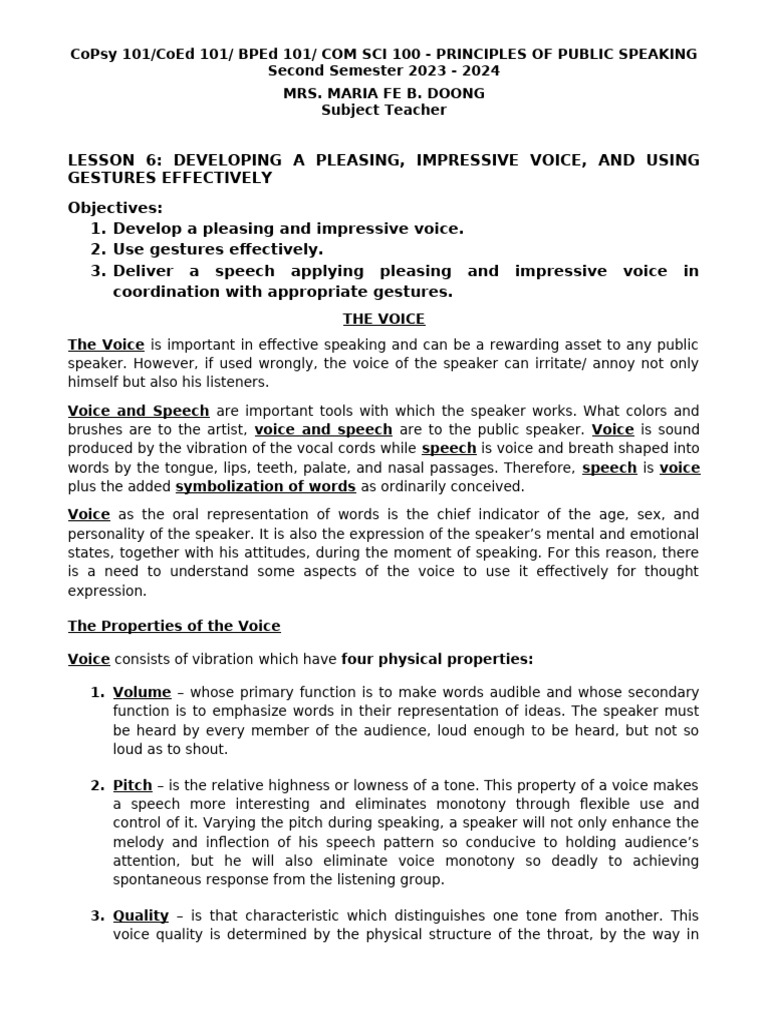 Principles of Public Speaking LESSON 6 Part 1 | PDF | Human Voice ...