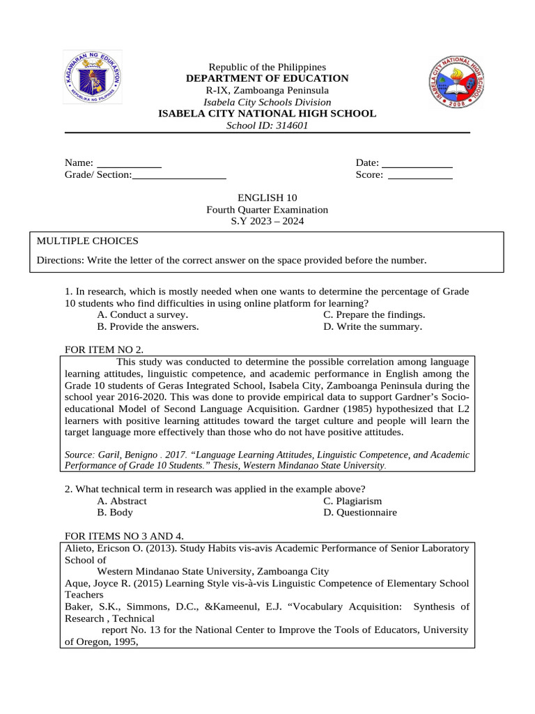 ENG10 4th Quarter Exam | PDF