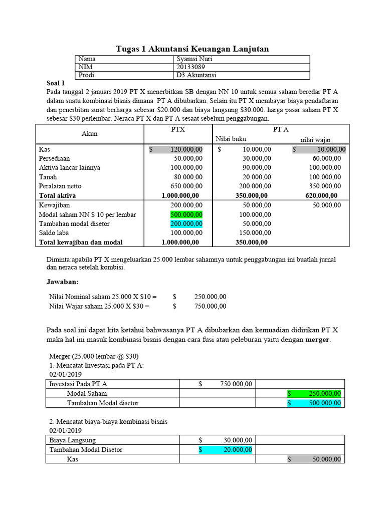 Tugas 1 Akuntansi Keuangan Lanjutan - Syamsi Nuri - 20133089 | PDF