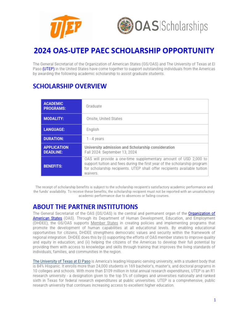 OAS-UTEP Scholarship for 2024-2025 | PDF