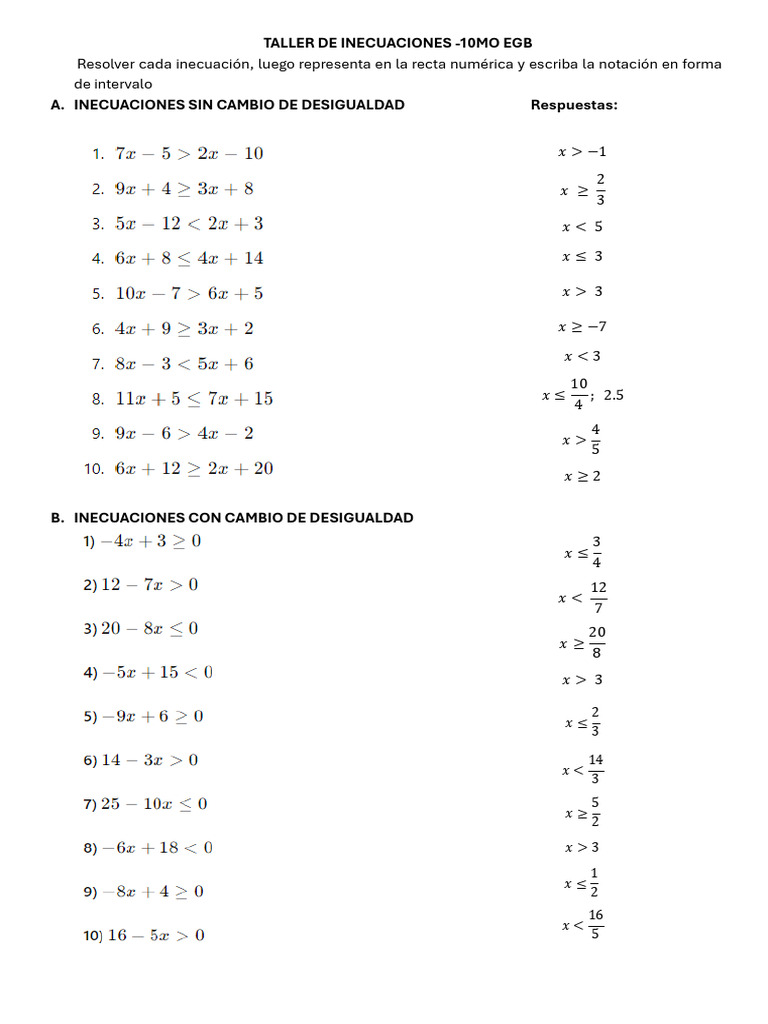 Taller de Inecuaciones | PDF | Desigualdad (Matemáticas) | Álgebra abstracta