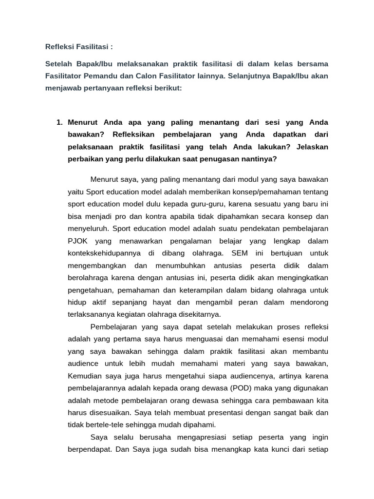 Refleksi Fasilitasi PPKG PJOK | PDF