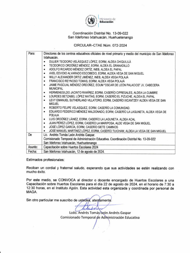 CIRCULAR-CTAE Núm. 072-2024 Huertos Escolares | PDF