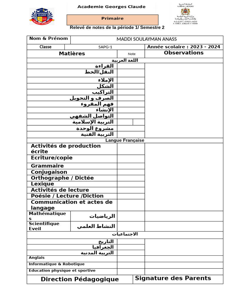 Relevé de Notes de La Période 1 5APG | PDF