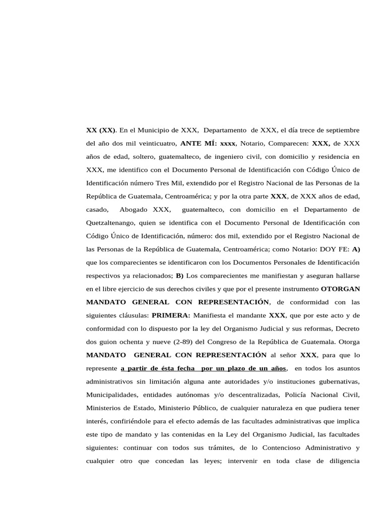 Mandato General Con Representacion para Tramites Administrativos Plazo ...