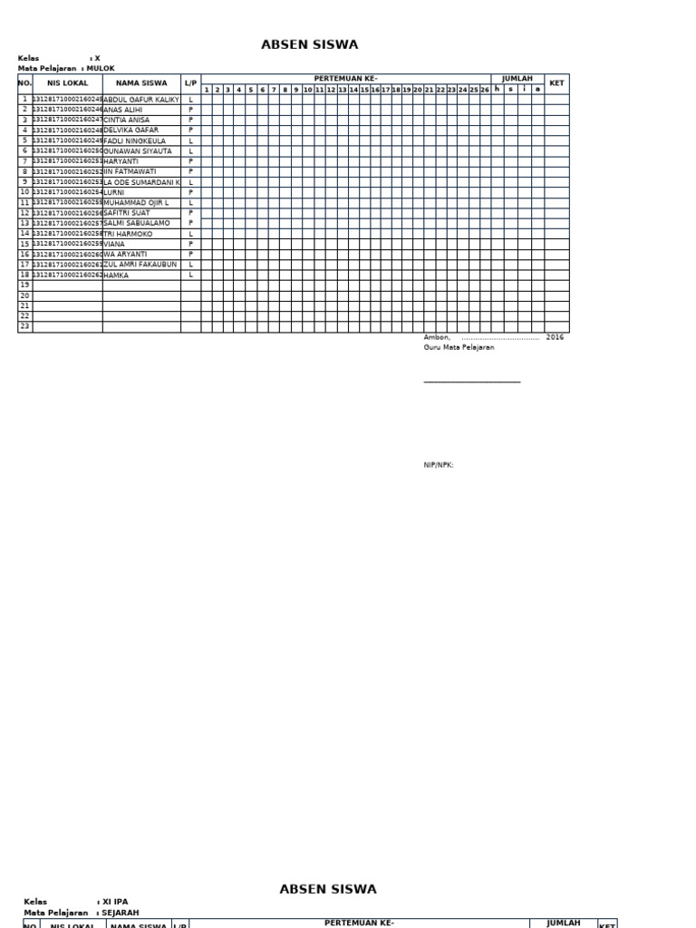 Daftar Absen Dan Nilai Siswa 2016-2017 | PDF