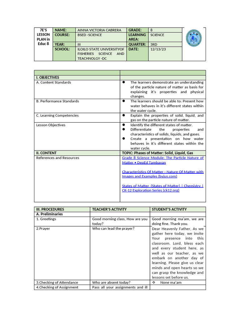 7E'S Lesson Plan in Educ 8 Name: Grade: Course: Learning Area: Year ...