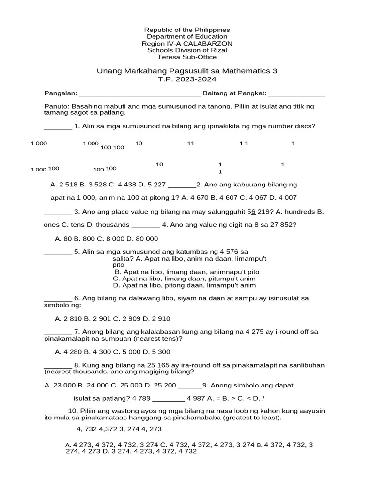 Unang Markahan Math 3 | PDF