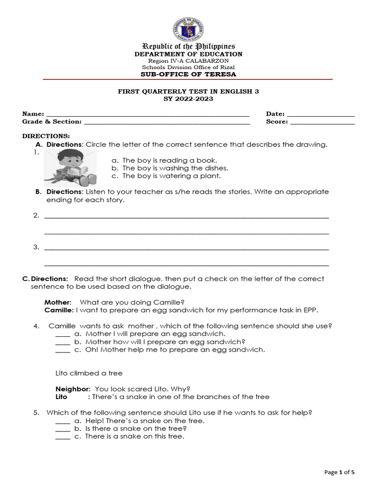 First Quarterly Test English 3 | PDF