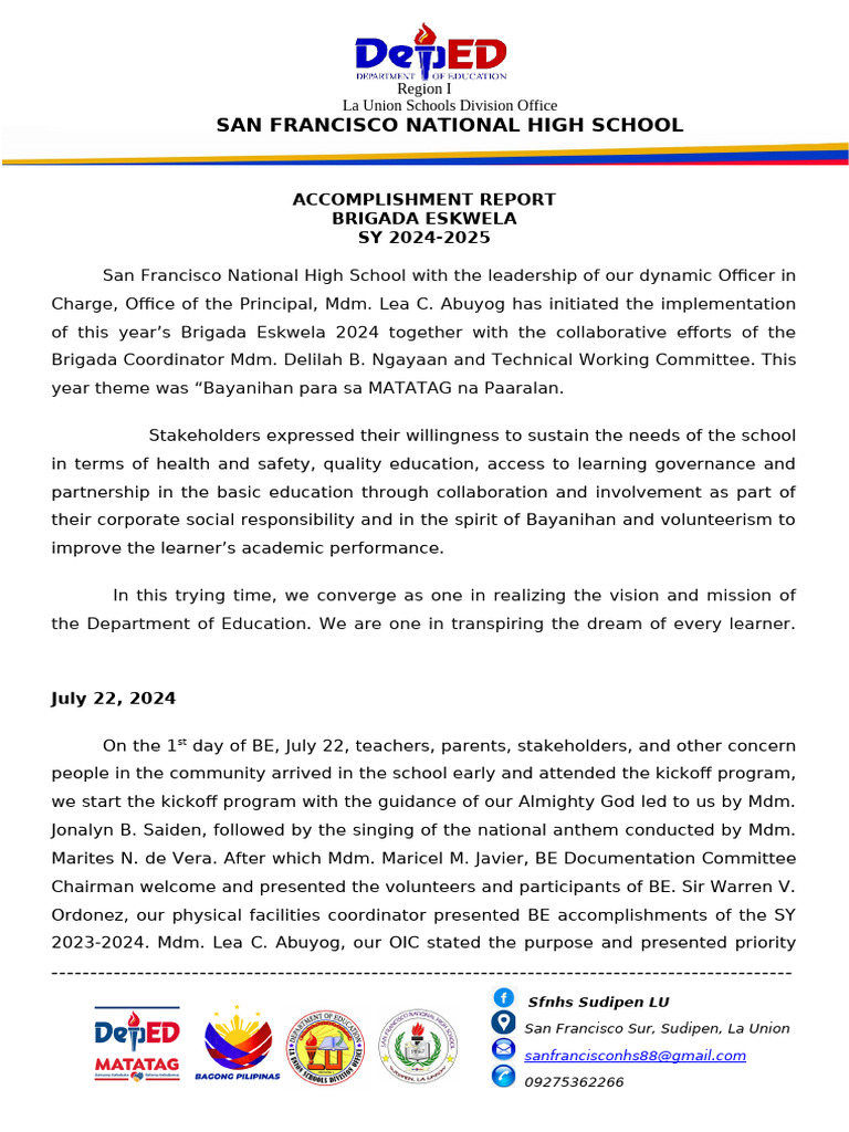 Accomplishment Report Be 2024 | PDF