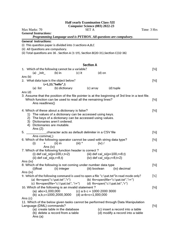 H Y Xii Cs Set 1 With Answers | PDF
