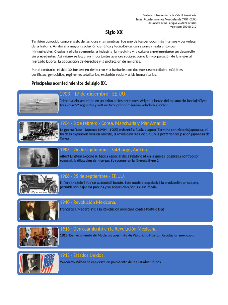 Siglo XX - 1900 - 2000 - Sucesos Mundiales | PDF