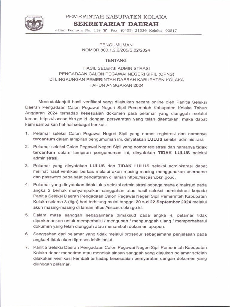 Pengumuman Hasil Seleksi Administrasi Cpns Pemkab Kolaka Tahun 2024 | PDF