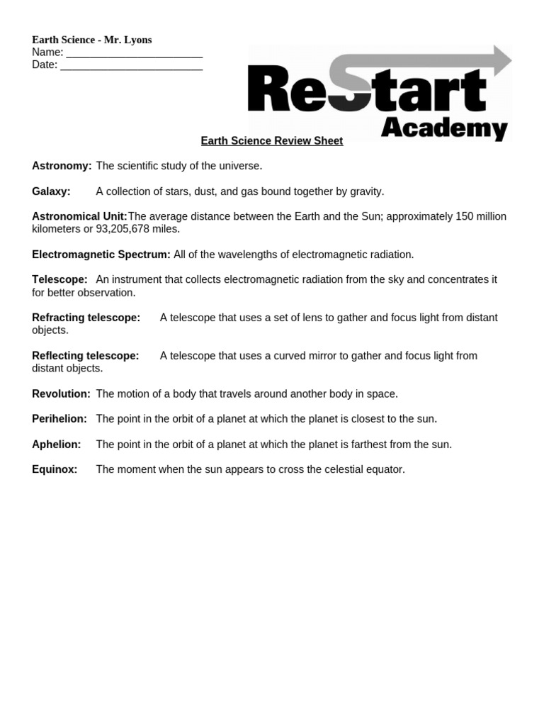 Earth Science Review Sheet | PDF