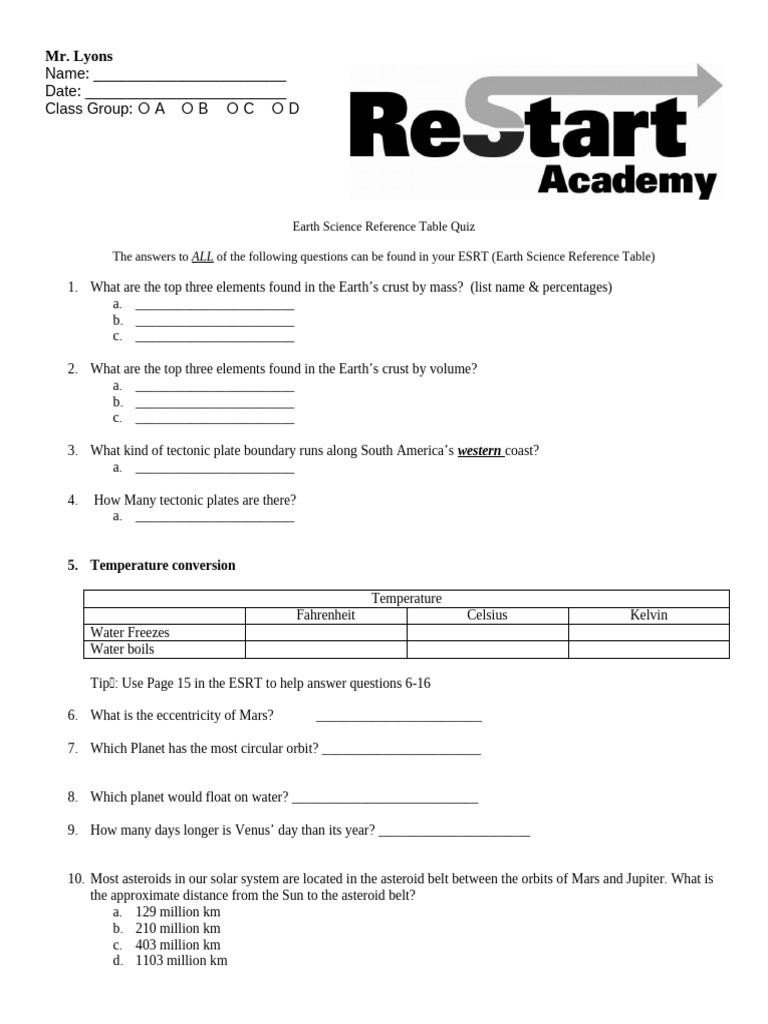 Earth Science Reference Table Quiz | PDF
